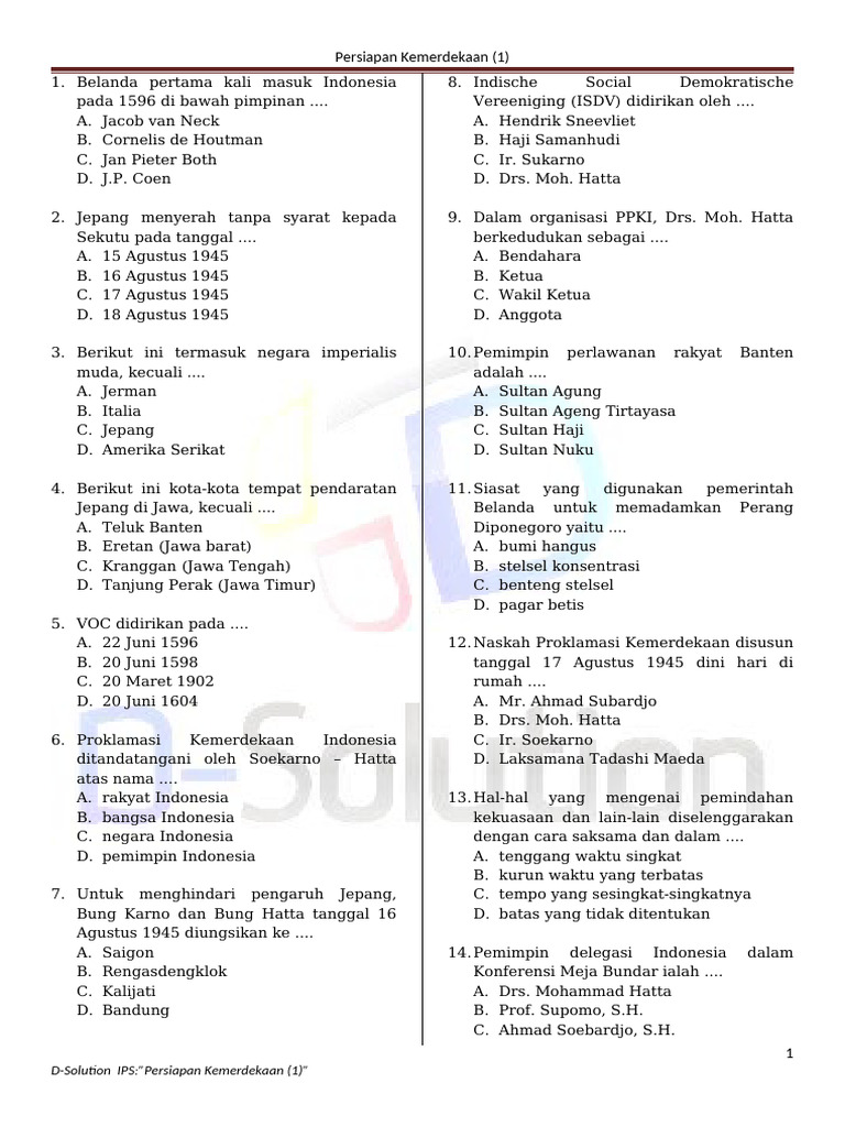 Soal Ips Kelas 5 Semester 2 Persiapan Kemerdekaan | PDF