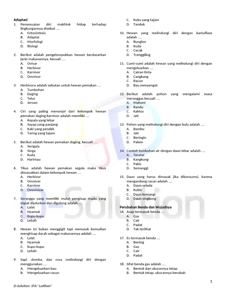 Soal Latihan Ipa Kelas 5 Semester 1 | PDF
