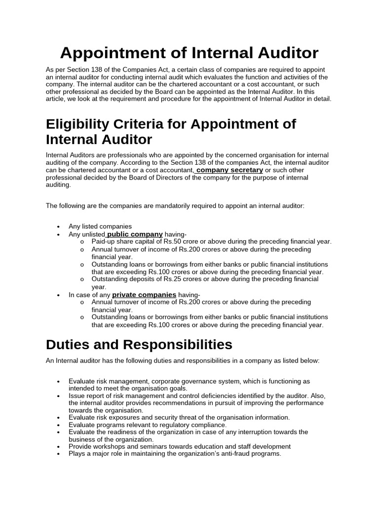 Appointment of Internal Auditor | PDF | Internal Audit | Audit