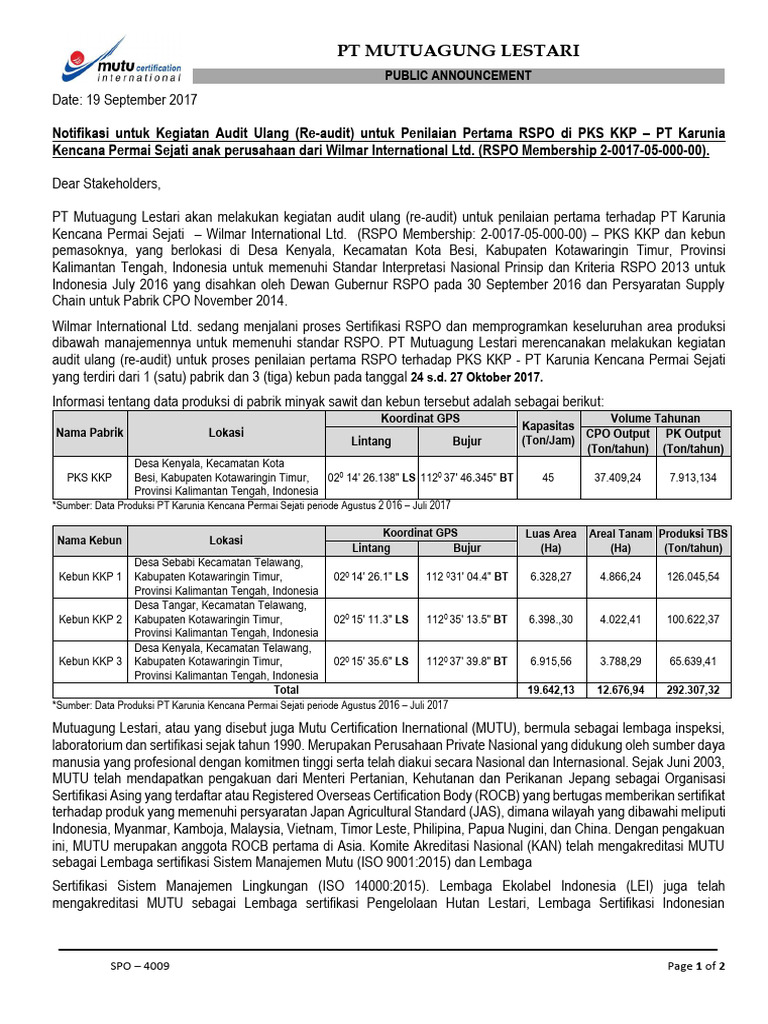 Notification of RSPO Re Audit For Initial Assessment of PT Karunia Kencana Permai Sejati Bhs | PDF