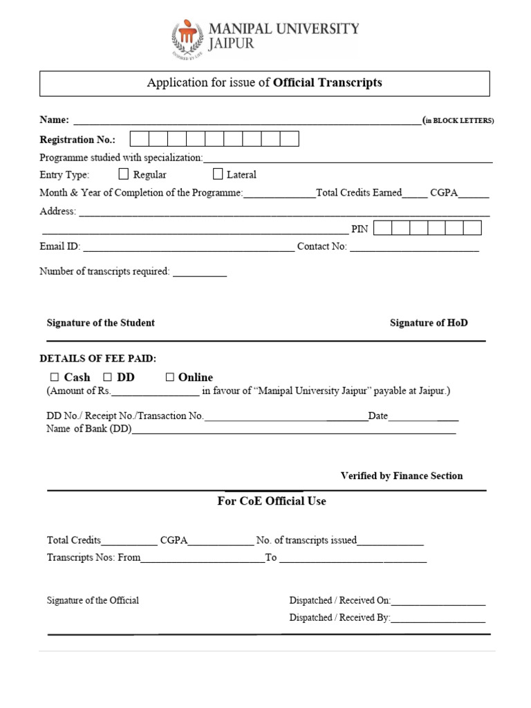 Application for issue of Official Transcripts | PDF