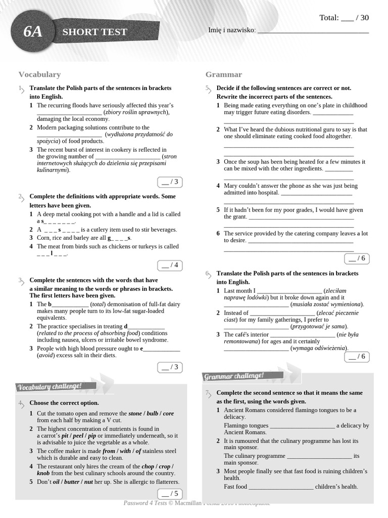 Password Reset C1 - C2 Short Test 6A | PDF | Foods