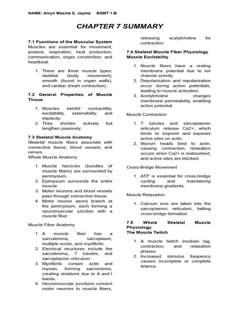 CHAPTER 7 anaphy summary | PDF | Muscle Contraction | Skeletal Muscle