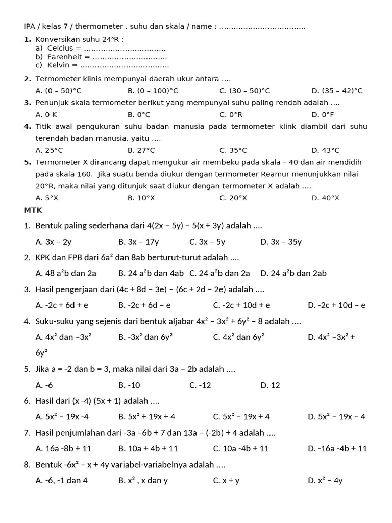7.IPA Suhu Skala Dan MTK Aljabar | PDF