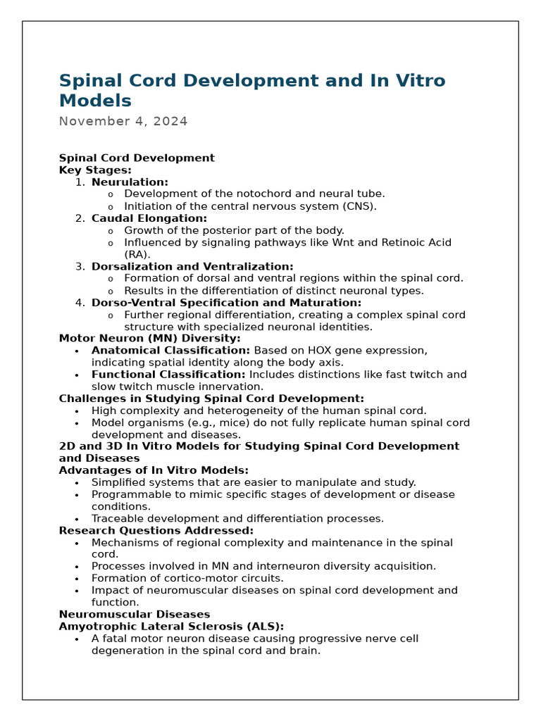 Spinal Cord Development and in Vitro Models | PDF | Motor Neuron | Cell ...