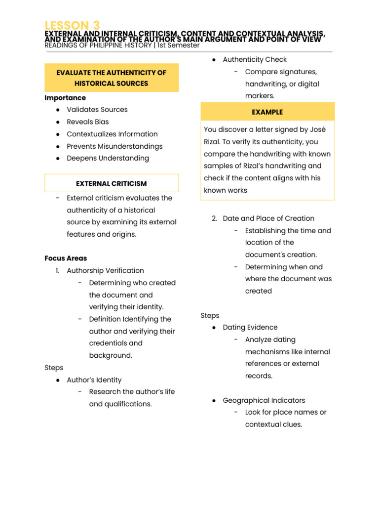 LESSON 3 - EXTERNAL AND INTERNAL CRITICISM, CONTENT AND CONTEXTUAL ANALYSIS, AND EXAMINATION OF ...
