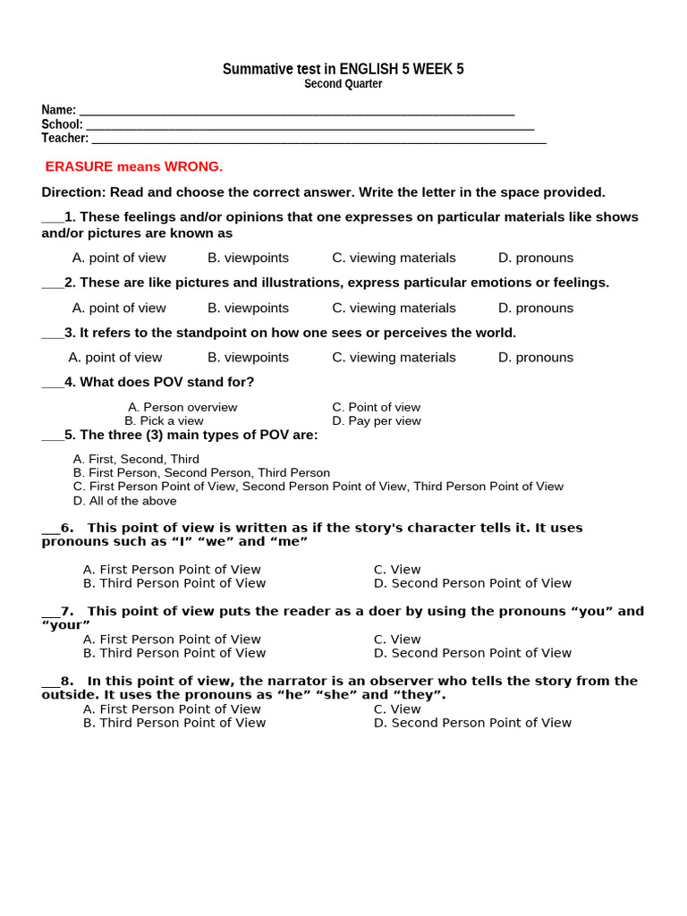 q2 Summative Test in ENGLISH 5 W5 | PDF | Narration