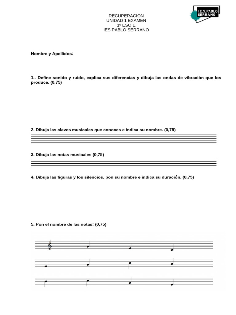 Examen de Sonido y Música 1º ESO E | PDF | Elementos de la música ...