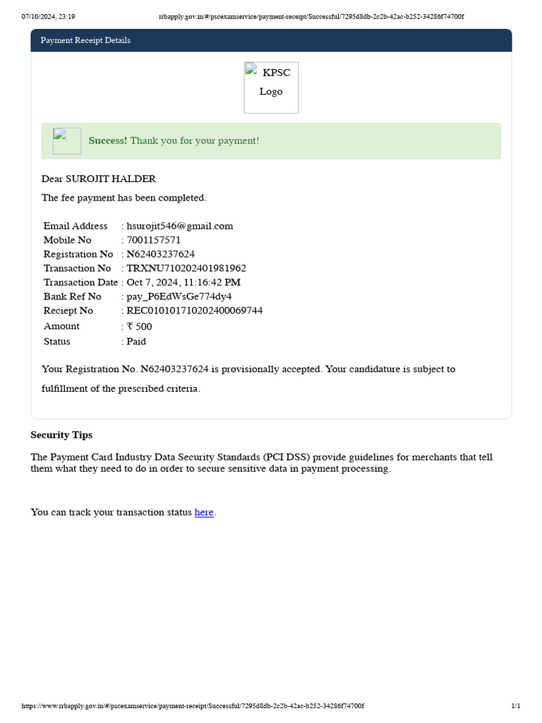 Rrbapply - Gov.in # Pscexamservice Payment-Receipt Successful | PDF