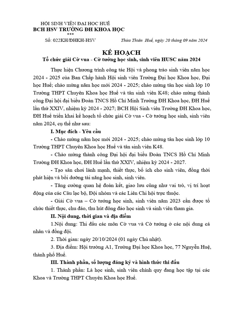 022 KH Giai Co Vua Co Tuong 2024 | PDF