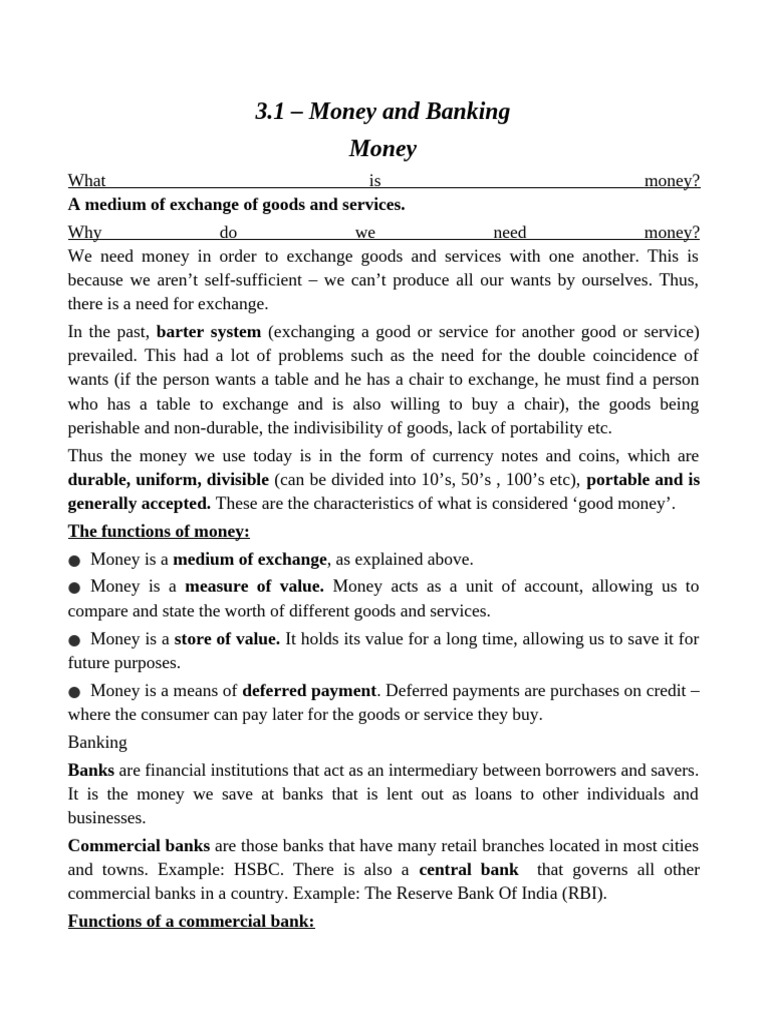 3.1 - Money and Banking-Class Note | PDF | Money | Banks