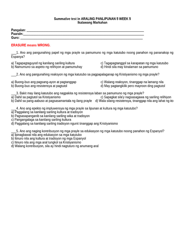 Summative Test in AP 5 Q2 W5 | PDF