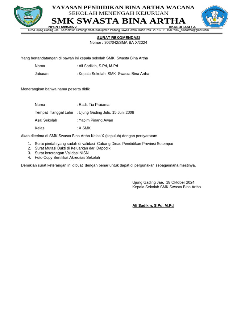 SURAT REKOMENDASI Raditia | PDF