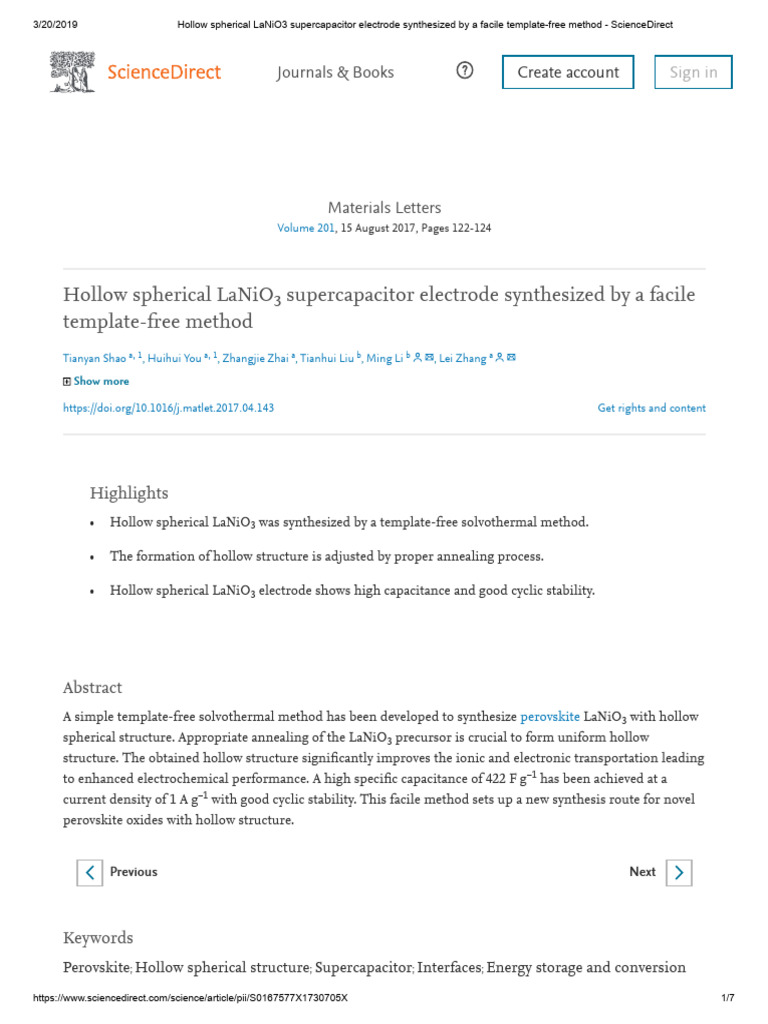 Hollow Spherical LaNiO3 Supercapacitor Electrode Synthesized by A ...