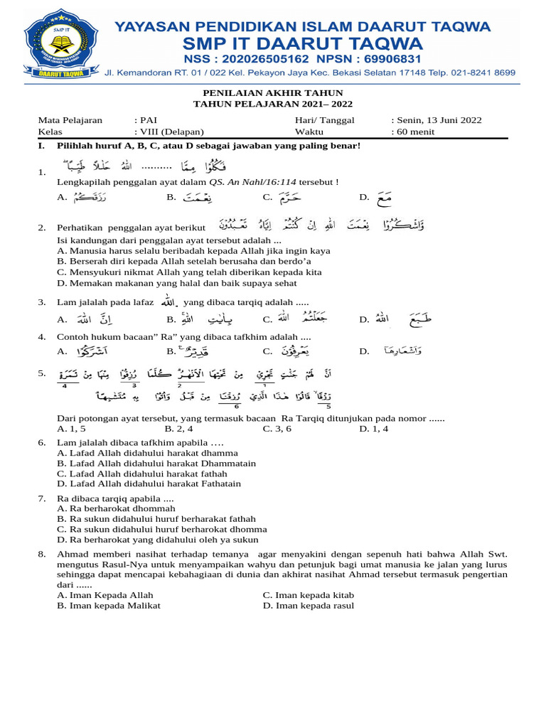 Soal PAT PAI Kelas 8 K13 | PDF