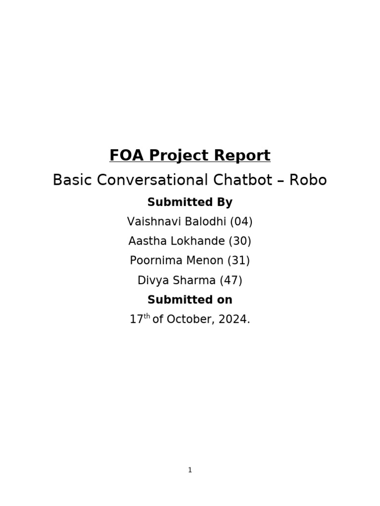 FOA Project Report: Basic Conversational Chatbot - Robo | PDF ...