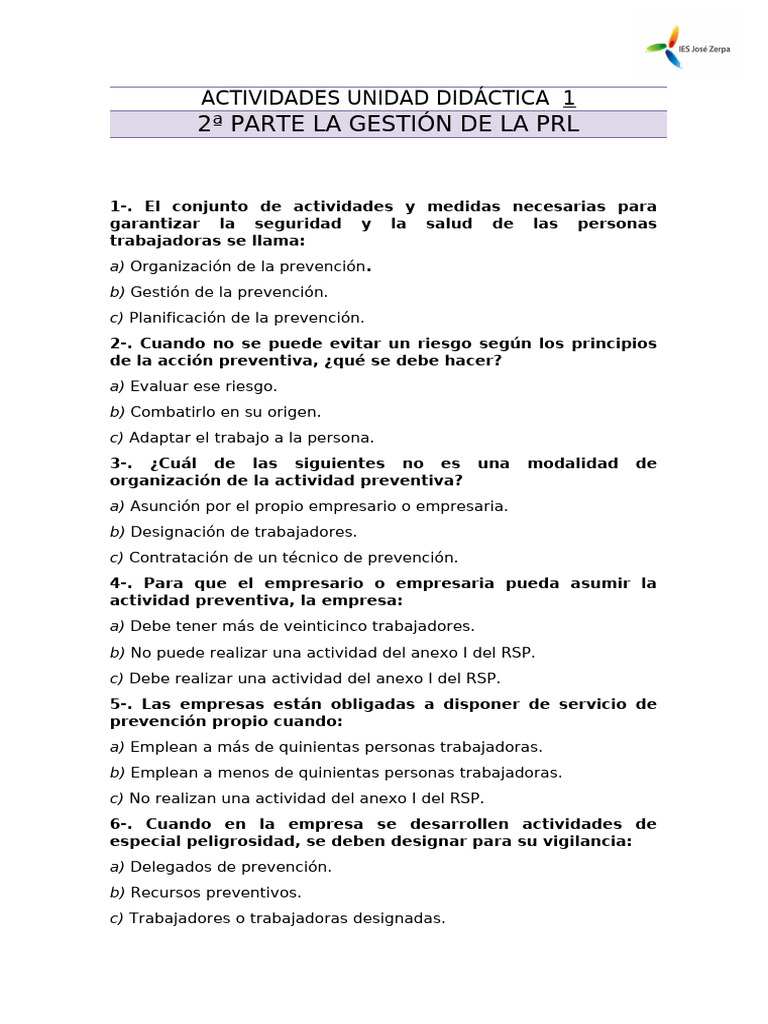 ACTIVIDADES UNIDAD DIDÃ CTICA 1 PARTE II LA GESTIÃ N DE LA PRL 2 | PDF | Business