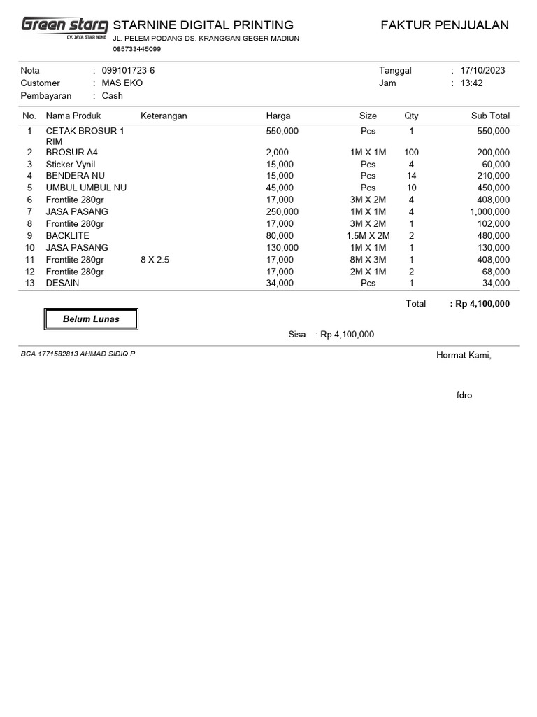 Starnine Digital Printing Faktur Penjualan: Jl. Pelem Podang Ds ...