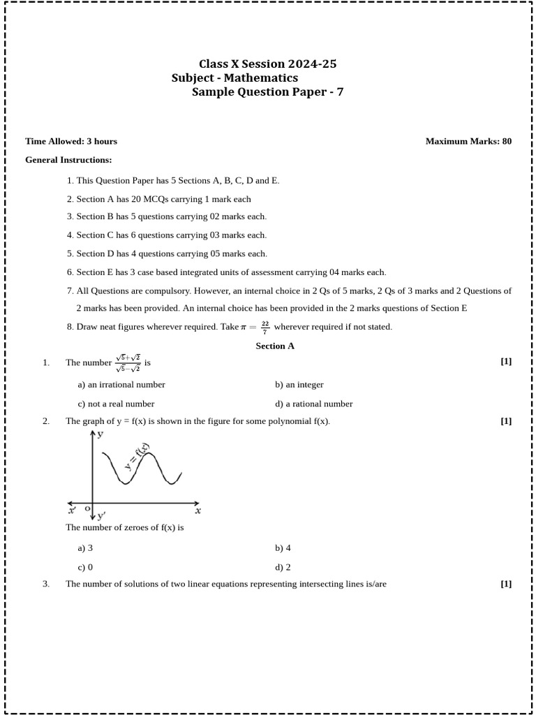 Class X Session 2024-25 Subject - Mathematics (Standard) Sample Question Paper - 7 | PDF ...