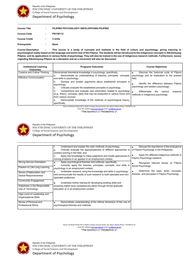 Course Syllabus FILIPINO PSYCH - PUP | PDF | Psychology | Liberal Arts ...