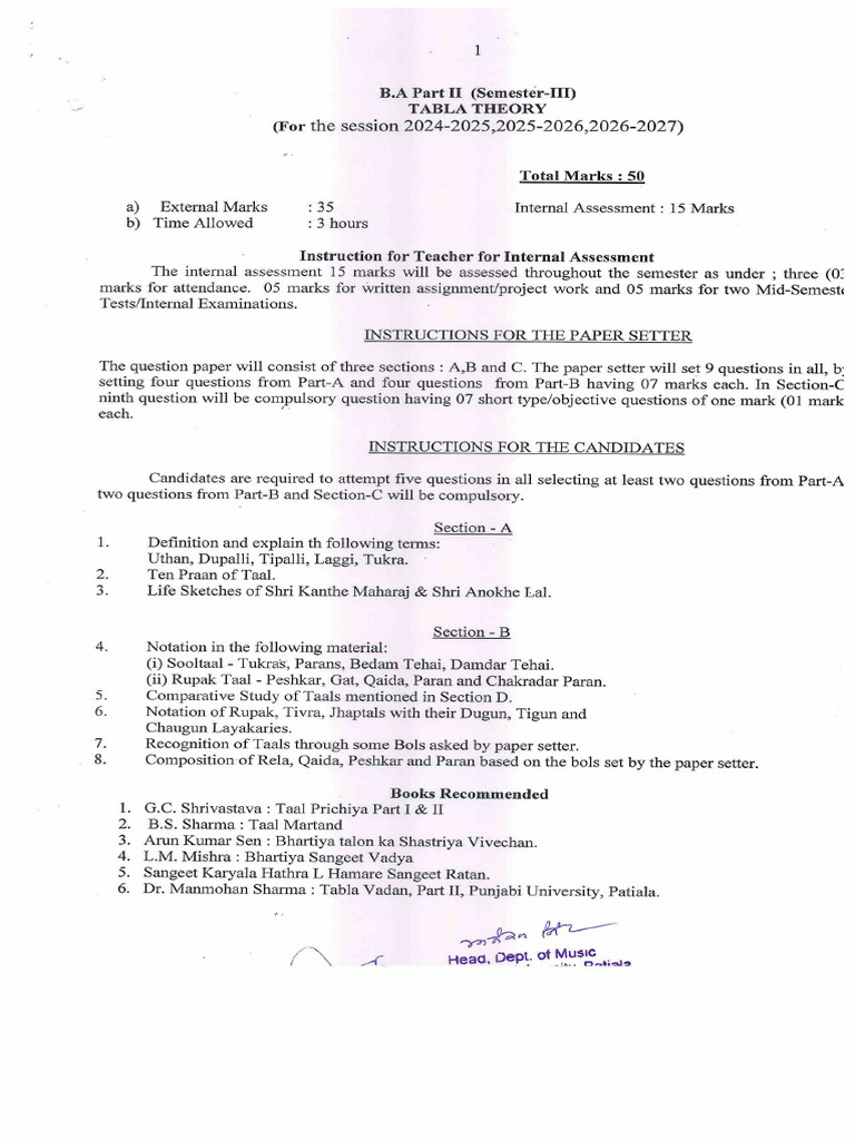 B.A. Part II (Semester III & IV) Subject-Tabla | PDF