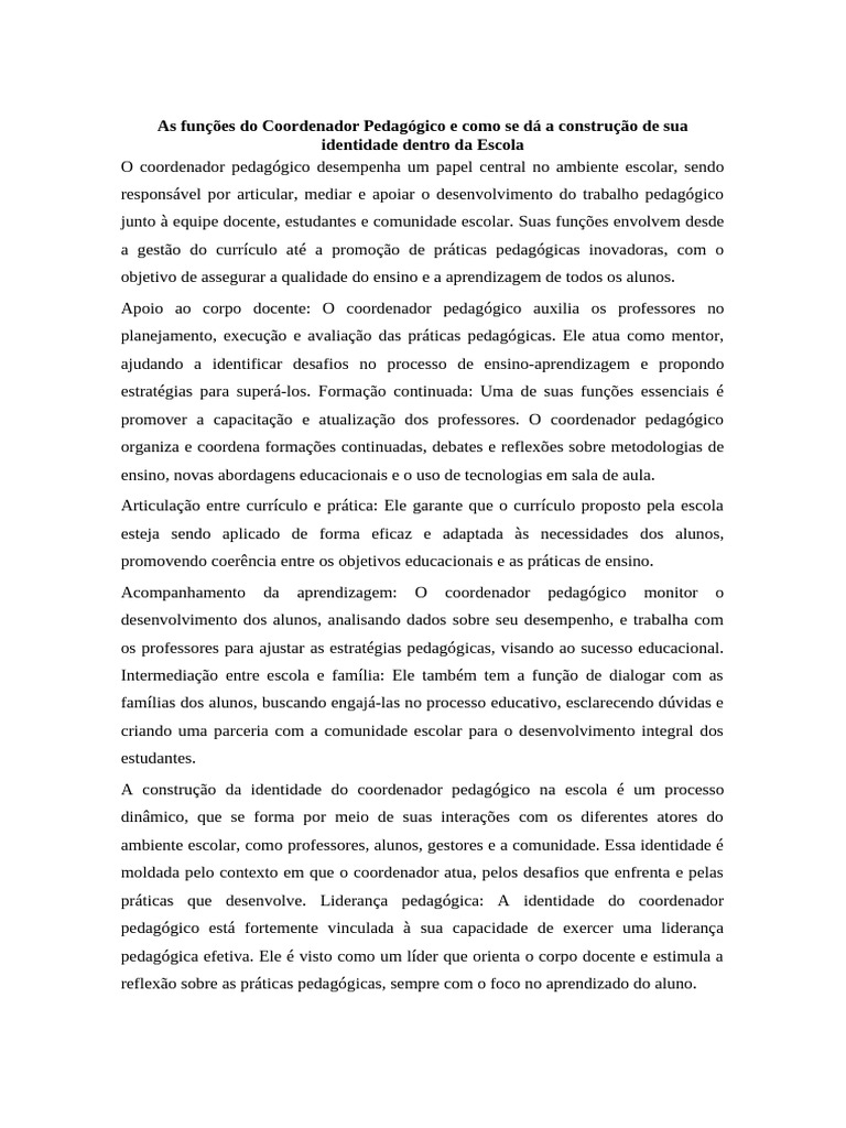 Funções e Identidade do Coordenador Pedagógico | PDF | Pedagogia ...