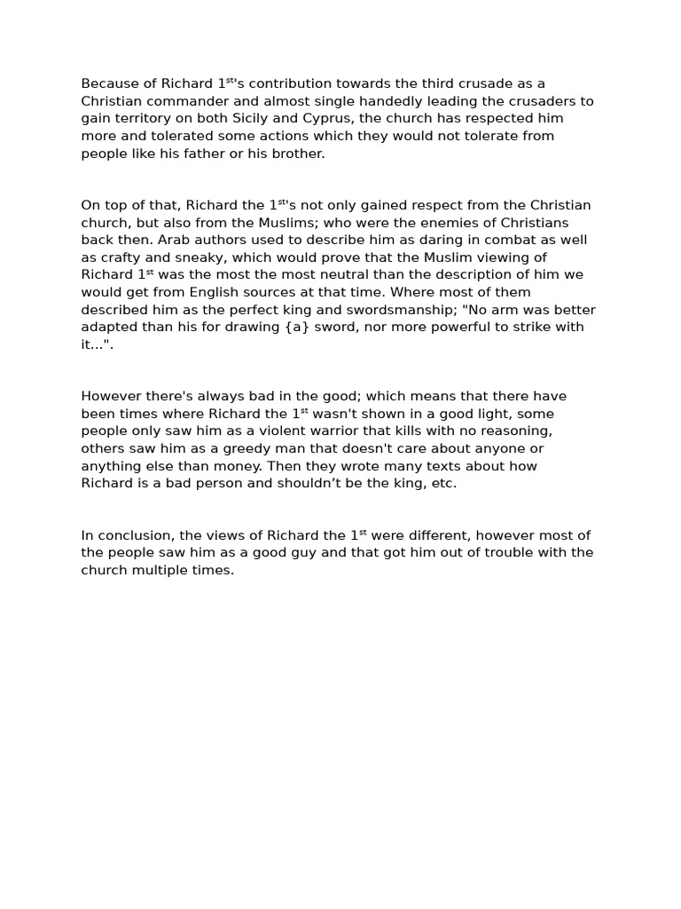 Richard The 1st Essay | PDF | History | Classics