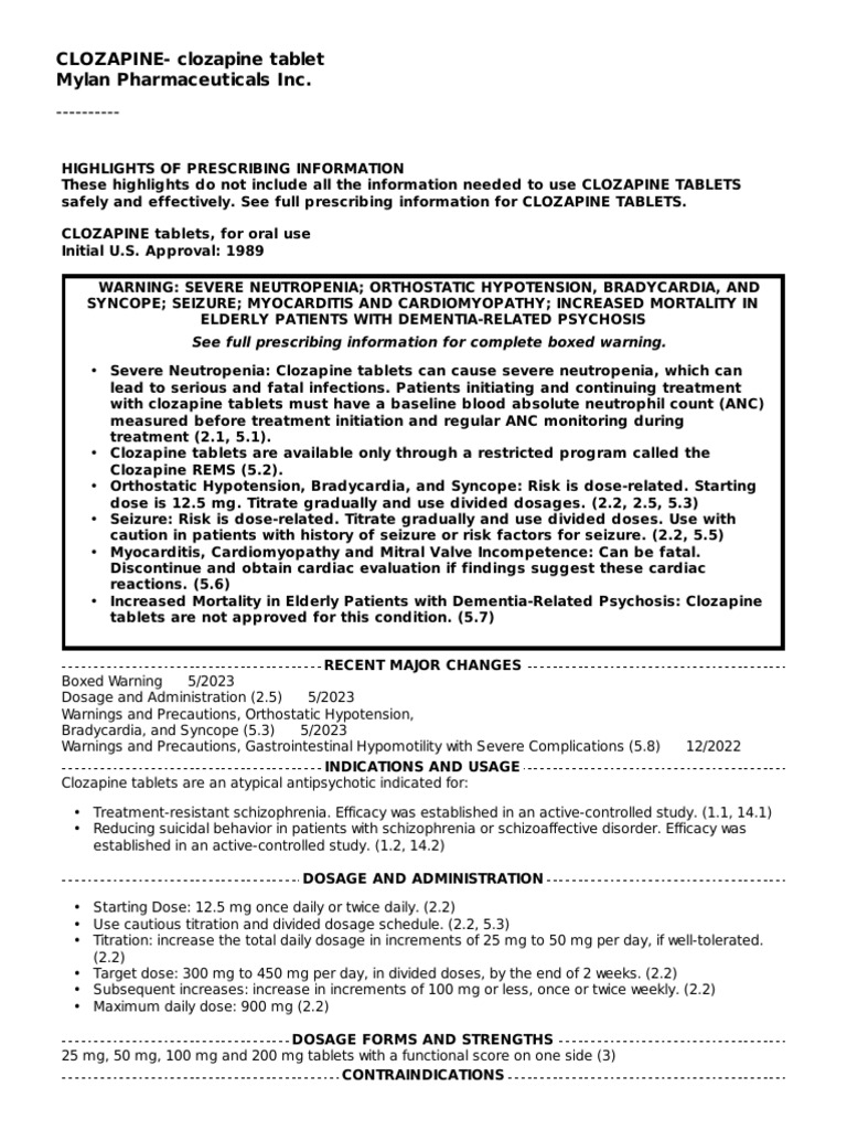 CLOZAPINE-clozapine Tablet Mylan Pharmaceuticals Inc.: See Full ...