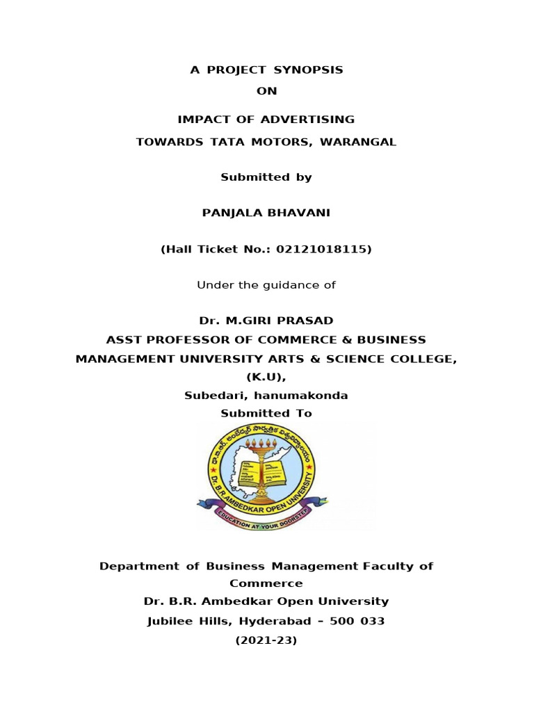 Panjala Bhavani Synopsis Report (Impact of Advertising) '-1 (994) .Pdf123321 | PDF | Advertising ...