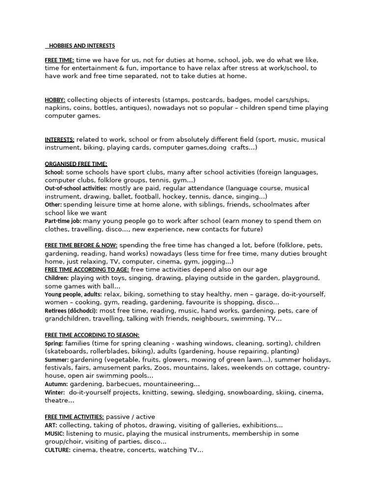 Hobbies - Notes 2 | PDF | Hobbies