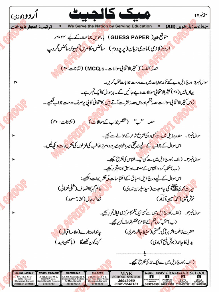 Xii-Urdu Guess Paper by Mak Collegiate 2024 | PDF