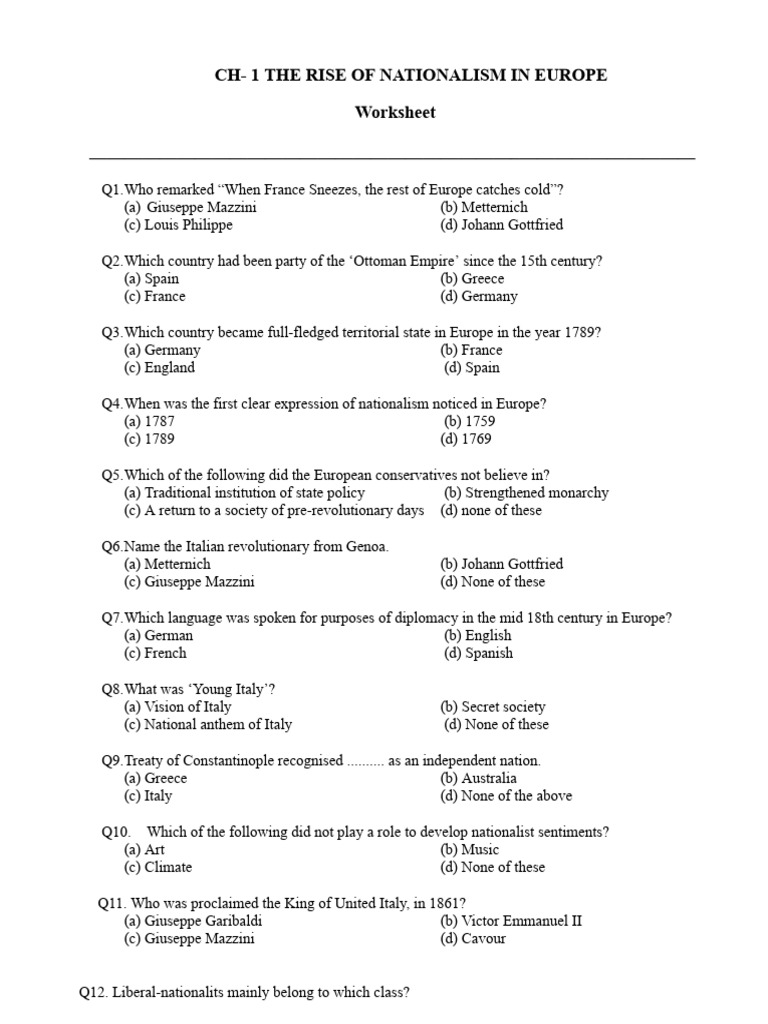 Worksheet Ch 1 Nationalism in Europe | PDF | German Empire | Nationalism
