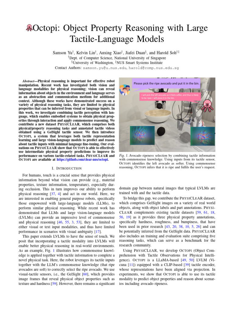 Octopi: Object Property Reasoning With Large Tactile-Language Models | PDF | Cognitive Science