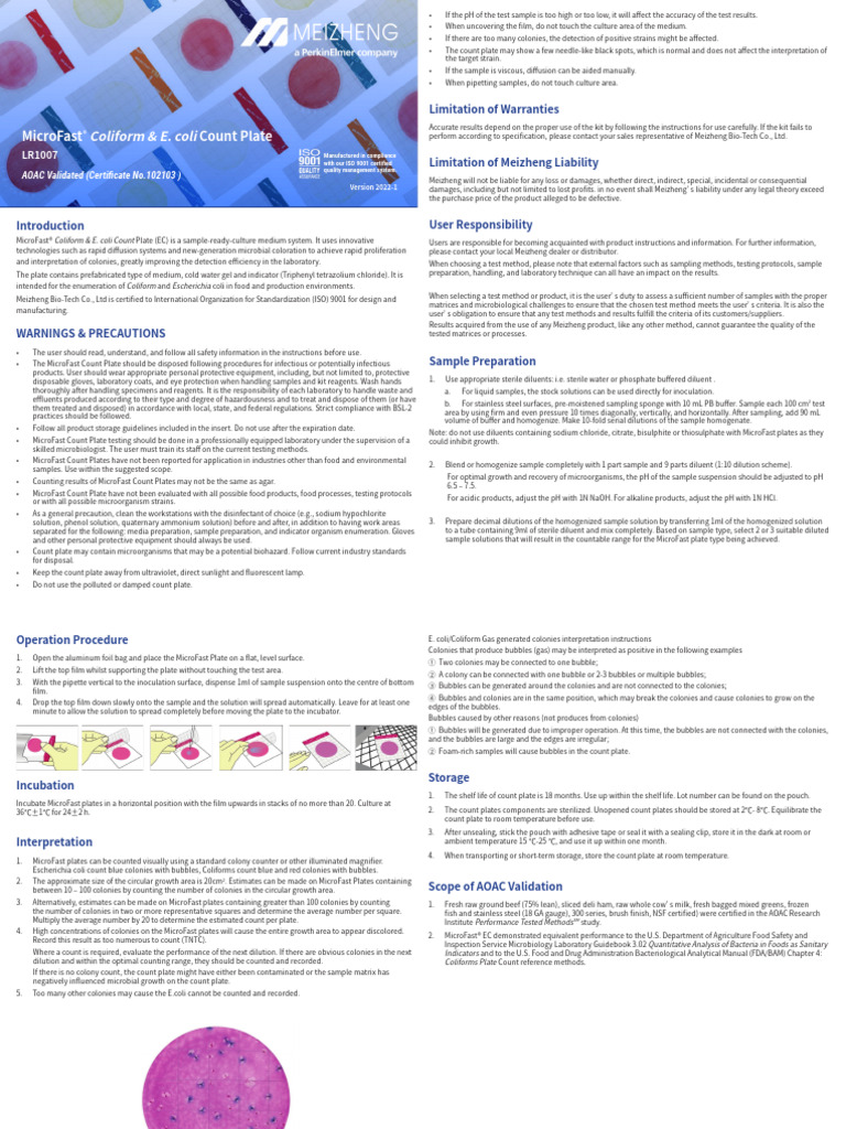 LR1007 EC Coliform & E. Coli Count Plate 2022-1 | PDF | Organisms ...