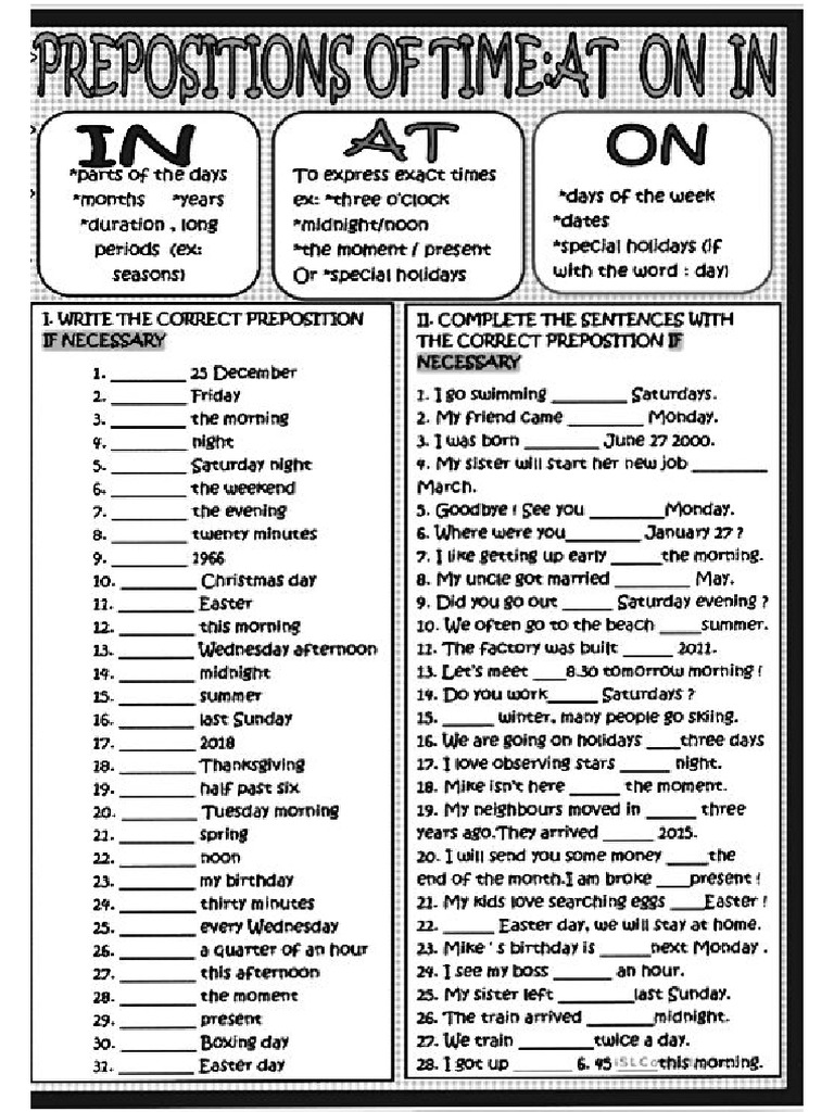 Prepositions of Time | PDF