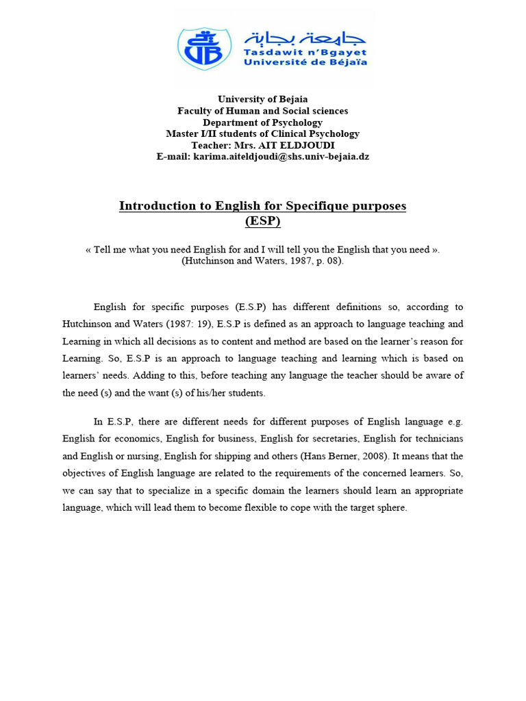 Introduction to English for Specific Purposes | PDF | Language Arts ...
