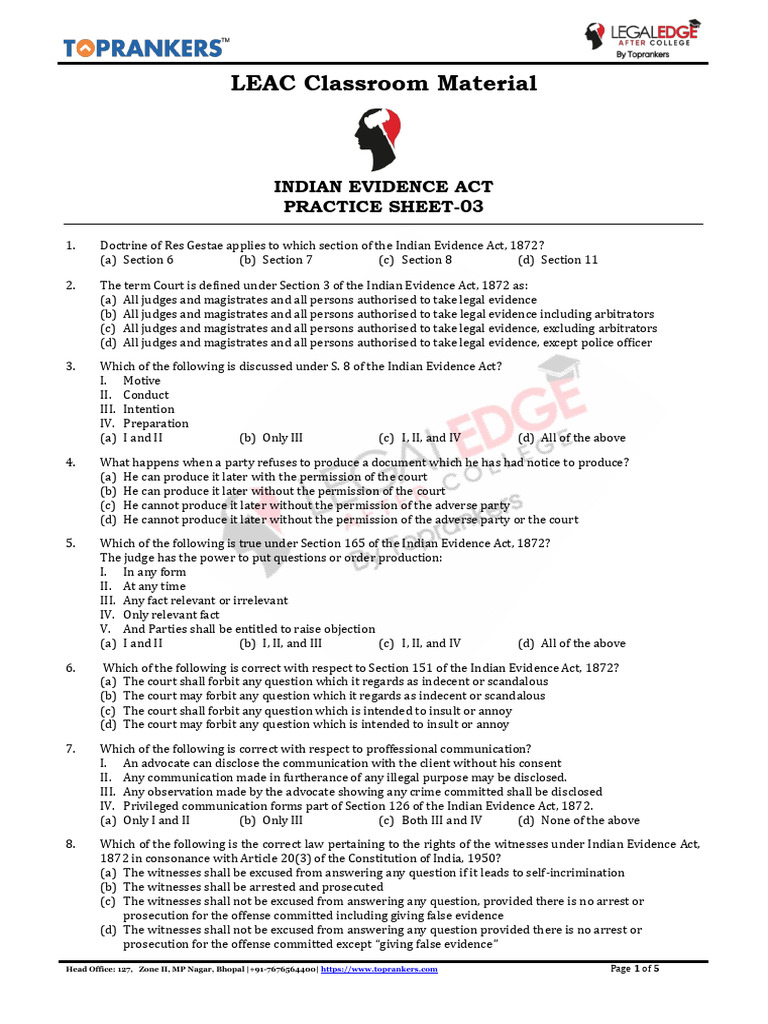 Indian Evidence Act Practice Sheet | PDF | Common Law | Justice