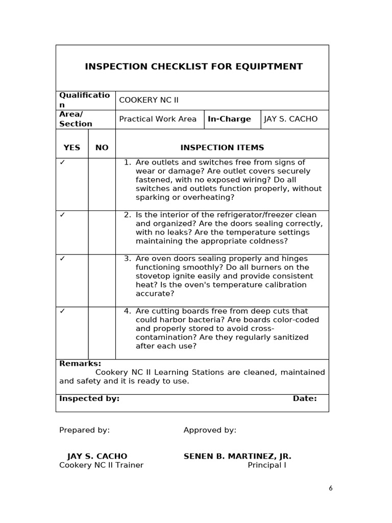Inspection Checklist For Equiptment | PDF | Refrigerator | Kitchen