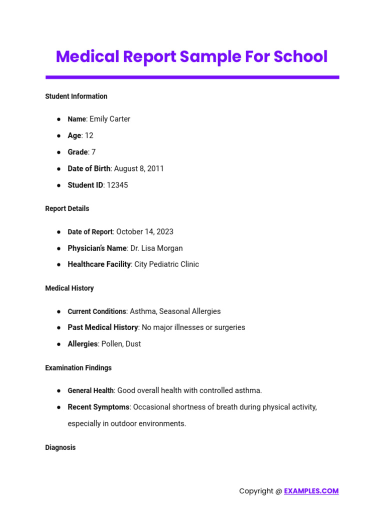 Medical Report Sample For School | PDF | Self-Improvement | Science ...