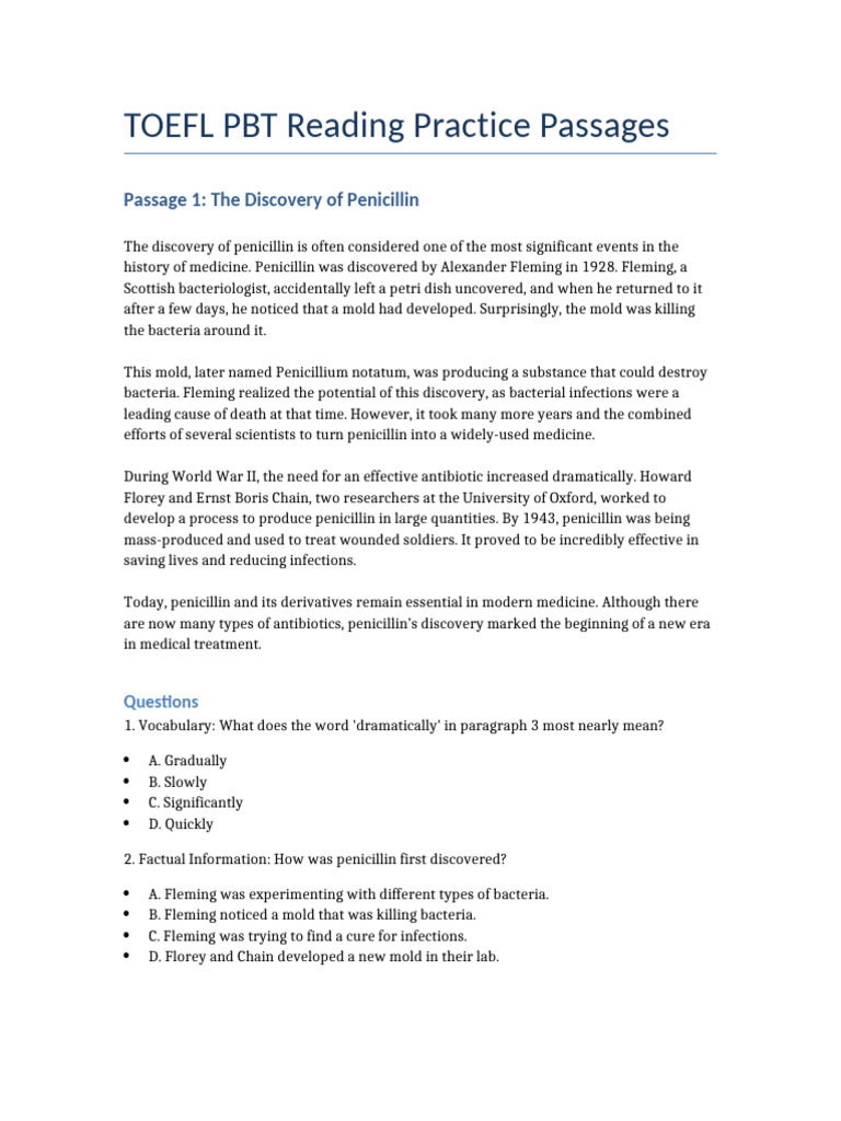 TOEFL_PBT_Reading_Practice | PDF | Penicillin | Clinical Medicine