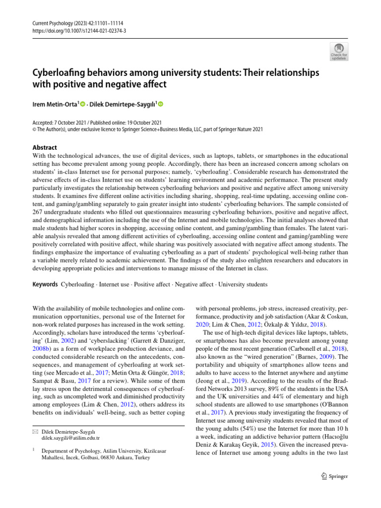 Cyberloafing and Student Well-Being | PDF | Psychology | Psychological ...