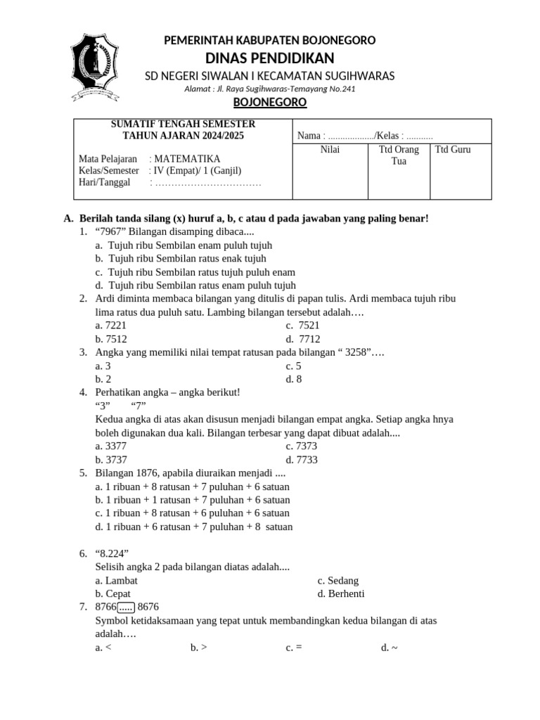 Soal STS 1 MTK Kelas IV | PDF | Metode & Bahan Ajar