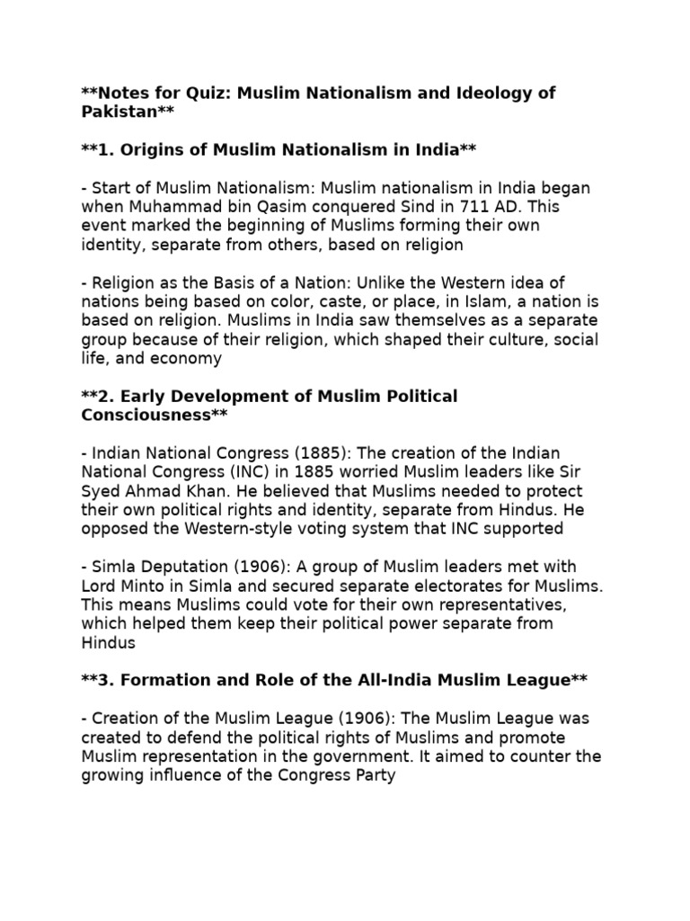 Notes For Quiz of Ideology | PDF | All India Muslim League | Two Nation ...