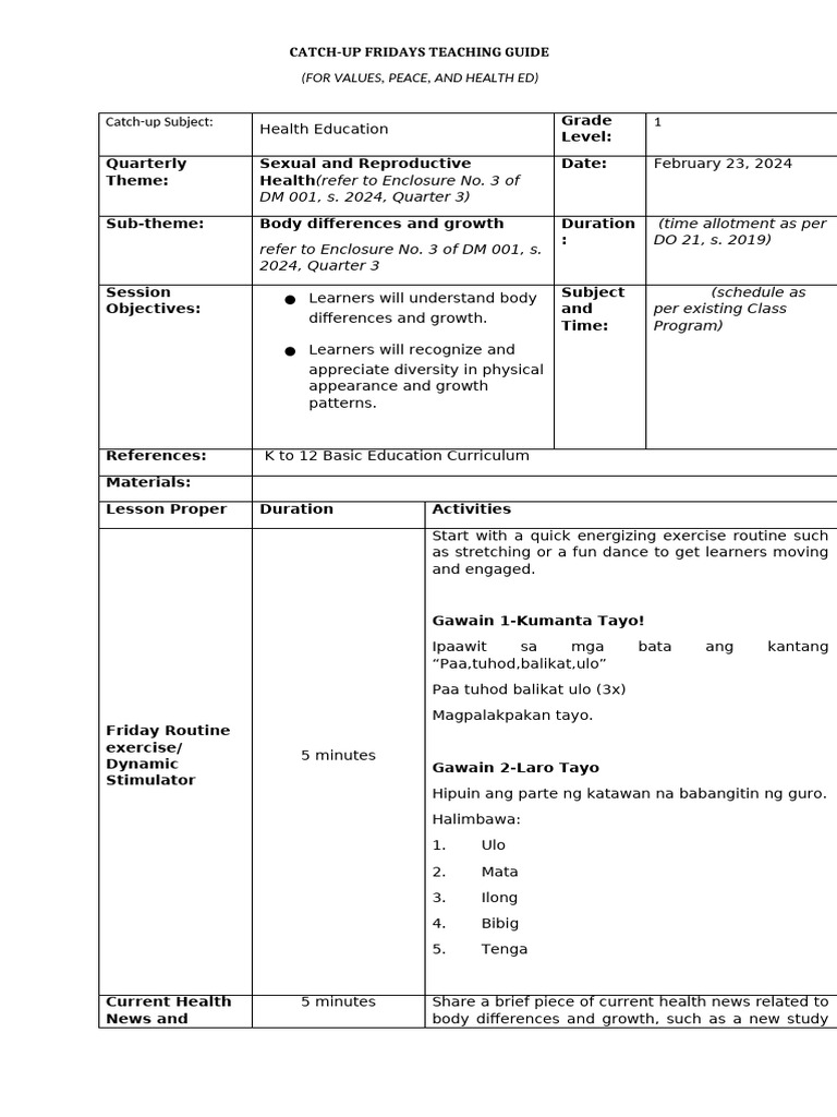 GRADE 1 - Health Ed Catch-Up Plan | PDF | Education Theory | Cognition