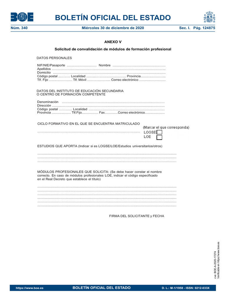 Solicitud de Convalidación FP 2020 | PDF