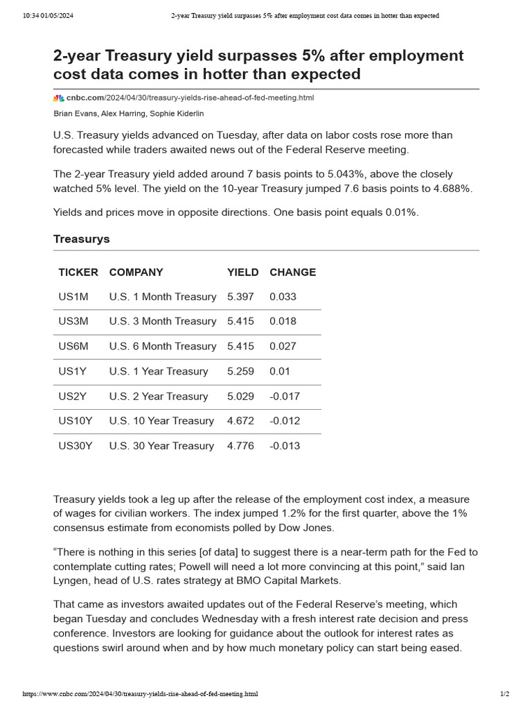 2-Year Treasury Yield Surpasses 5% After Employment Cost Data Comes in ...