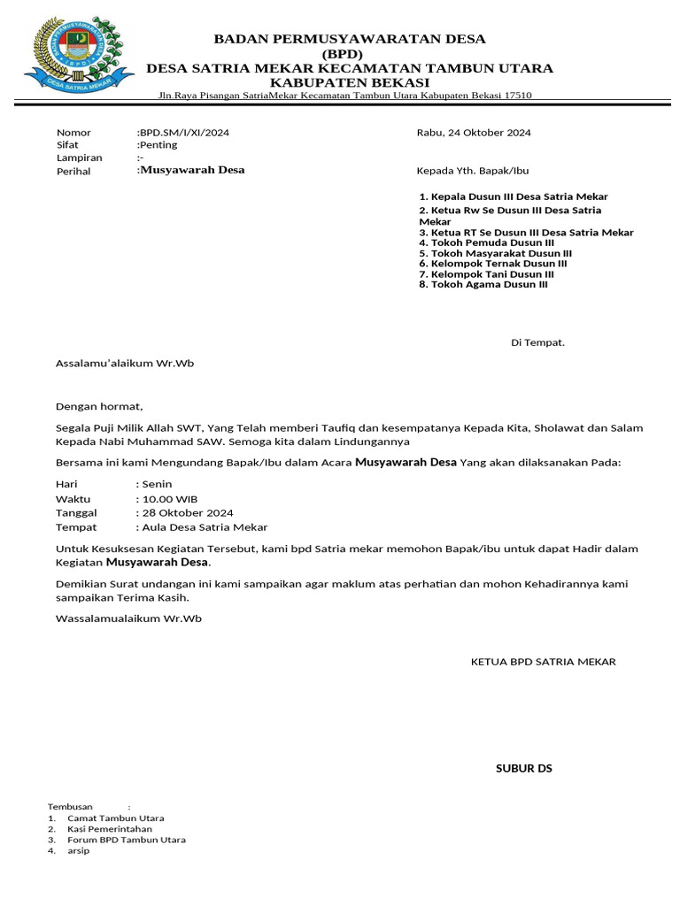 Undangan Musyawarah Desa Satria Mekar | PDF
