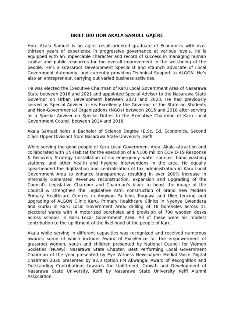 Brief Biography of Hon Samuel Akala | PDF | Economies