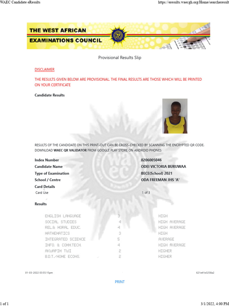 WAEC Candidate Eresults VICTORIA | PDF