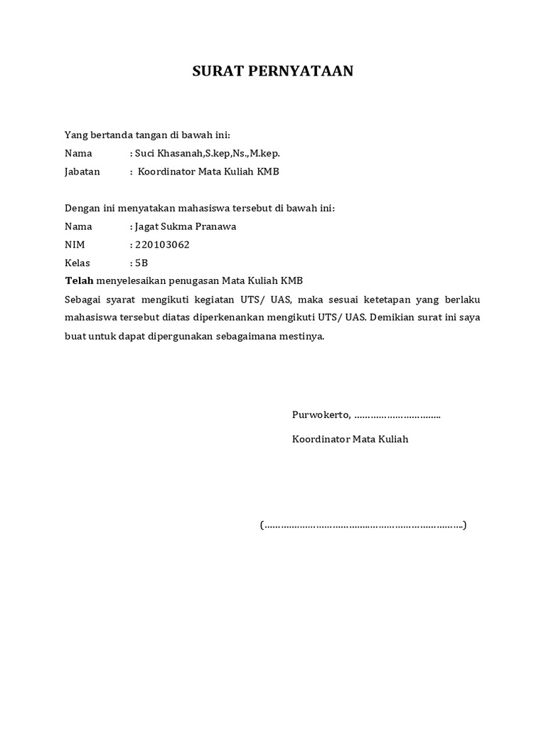 Surat Pernyataan Telah Menyelesaikan Penugasan (Syarat Uts Uas) Salinan | PDF